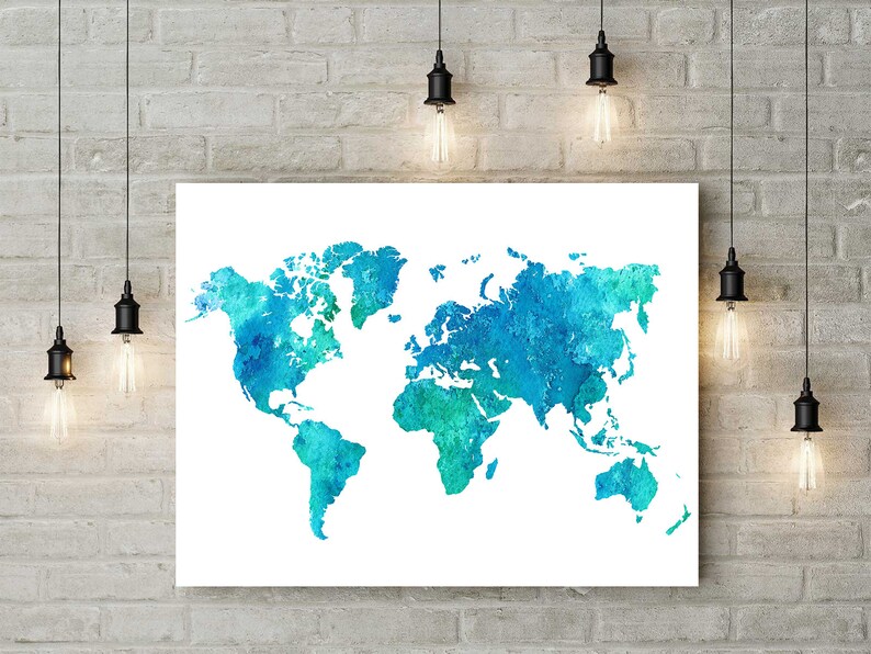 World Map Printable, Watercolor Blue World Map Wall Art, Blue World Map ...