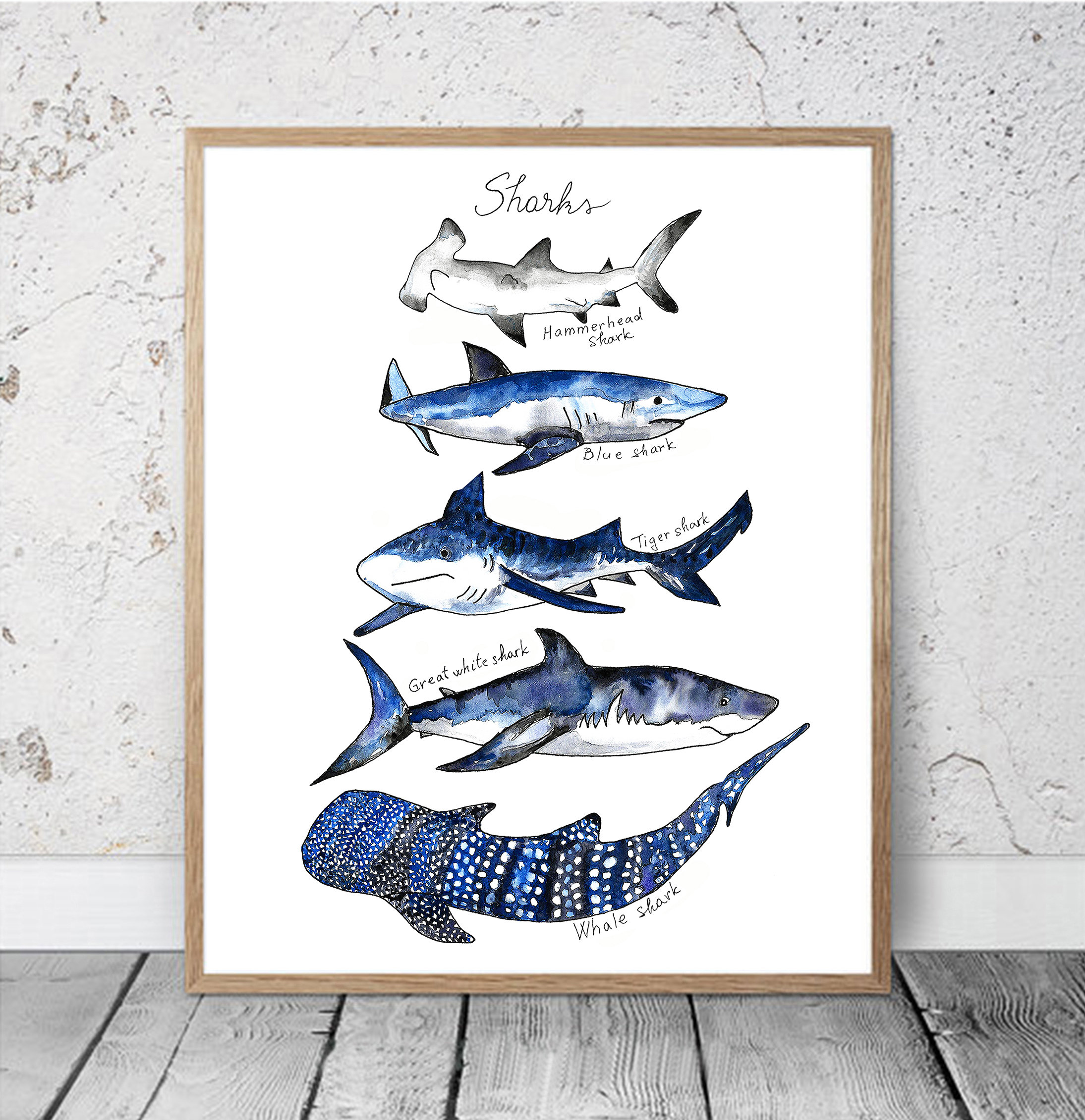 Watercolor Sharks Printable Art Sharks Print Nautical Decor | Etsy