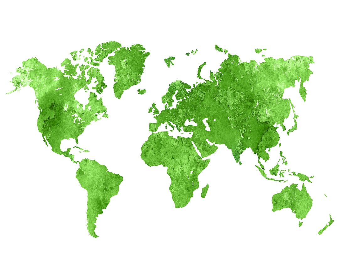 Green Watercolor World Map Print, Watercolor Green World Map Wall Art ...