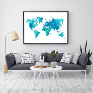 World Map Printable, Watercolor Blue World Map Wall Art, Blue World Map ...