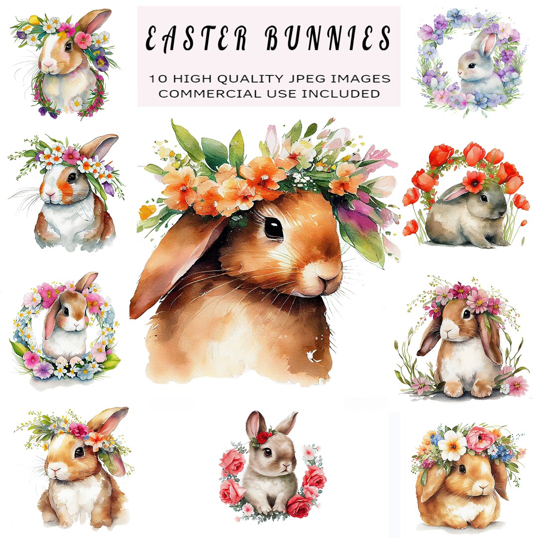 Easter Bunnies With Flowers Clipart - 10 High Quality Jpegs ...