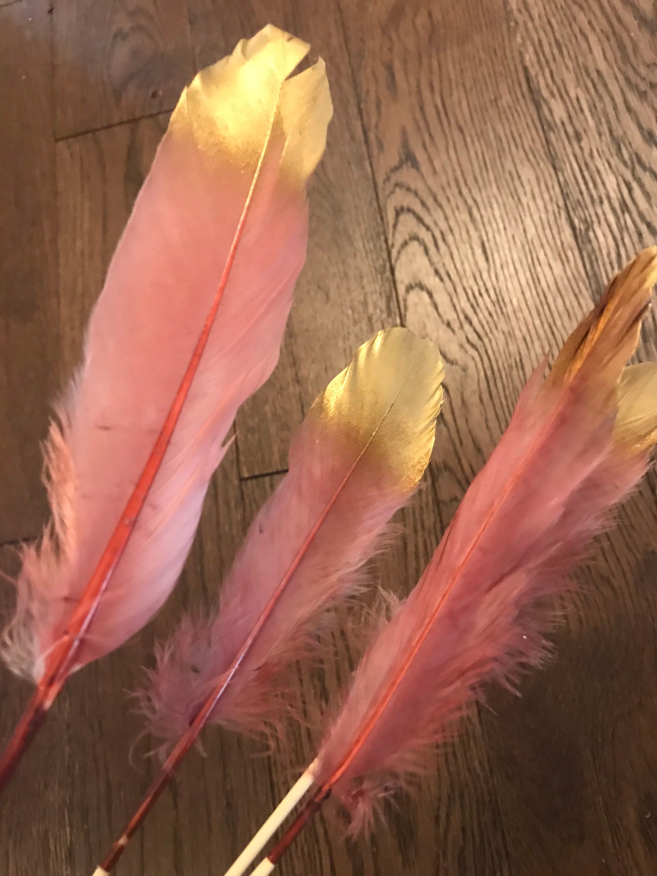 Gold tipped pink feathers on stick 5 bunch. | Etsy
