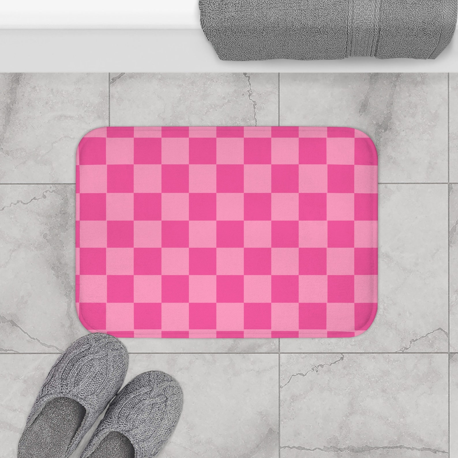 Hot Pink Bath Mat Checkered Retro Bath Mat Groovy Funky Bath Mat ...