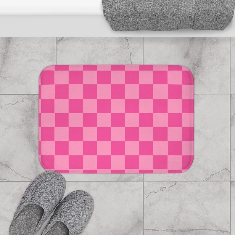 Hot Pink Bath Mat Checkered Retro Bath Mat Groovy Funky Bath Mat ...