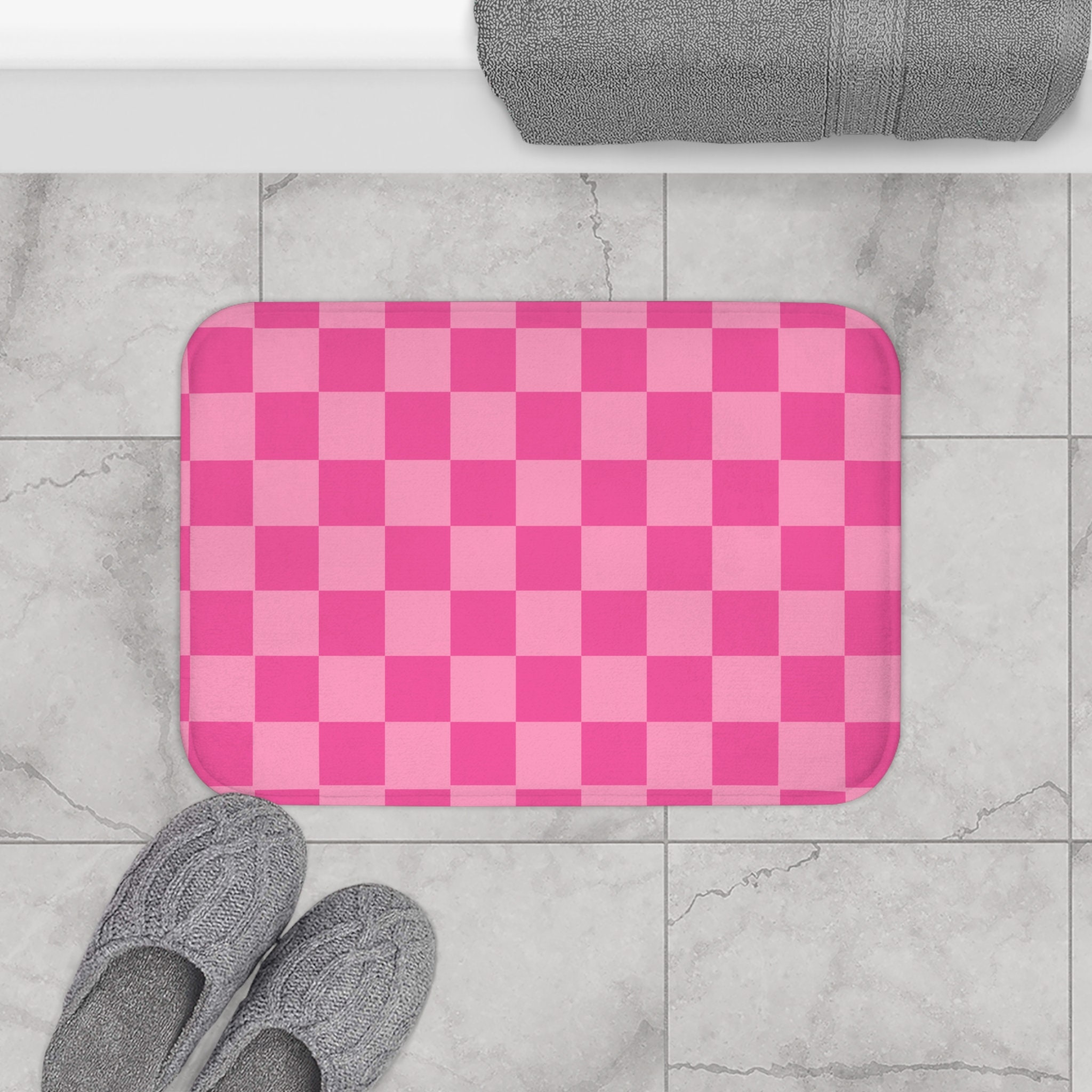 Hot Pink Bath Mat Checkered Retro Bath Mat Groovy Funky Bath Mat ...