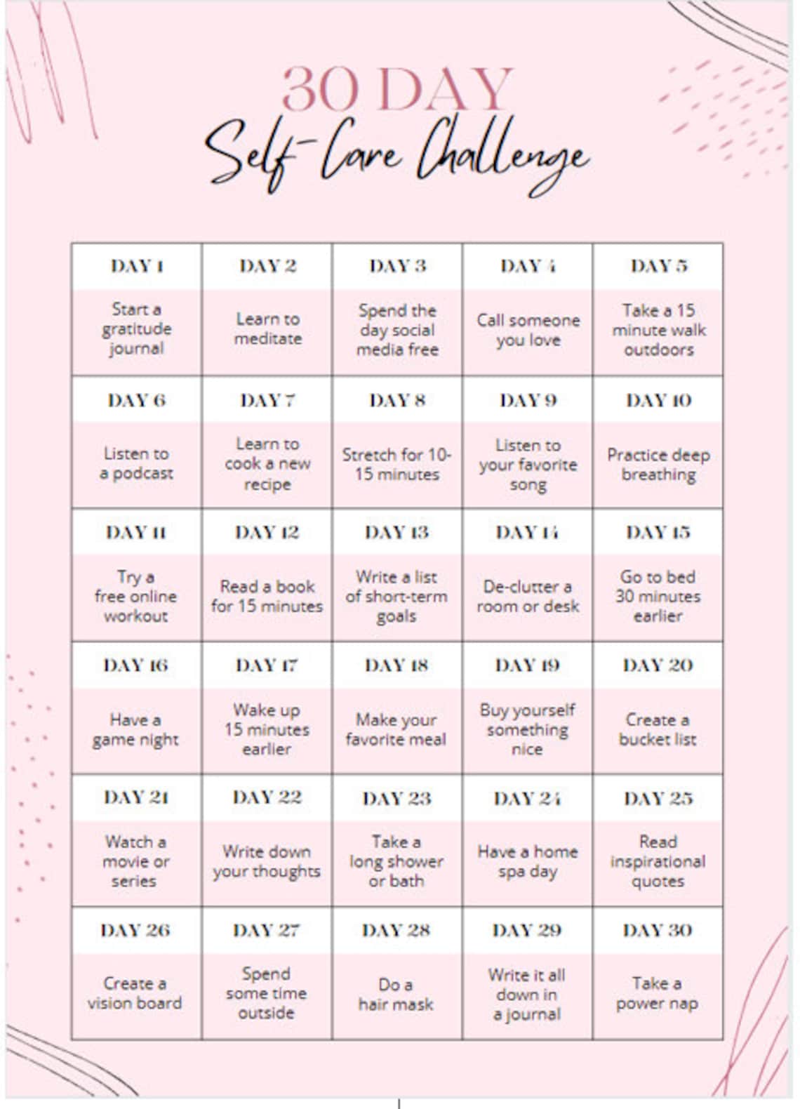 30 Day Self Care Challenge - Etsy
