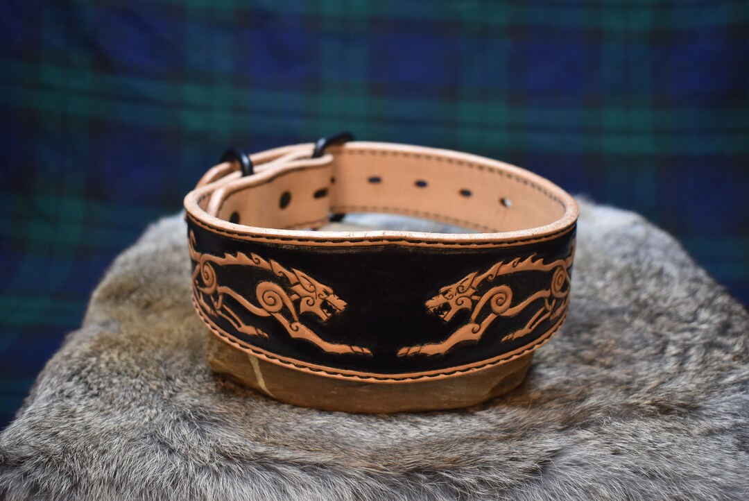Tapered Leather, Black and Natural Tan Dog Collar With Norse Wolves - Etsy