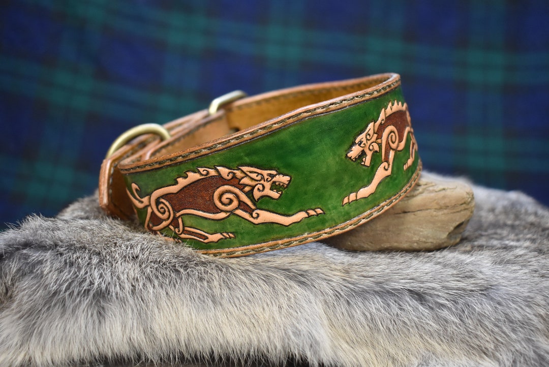 Tapered Leather, Green and Saddle Tan Dog Collar With Norse Wolves - Etsy