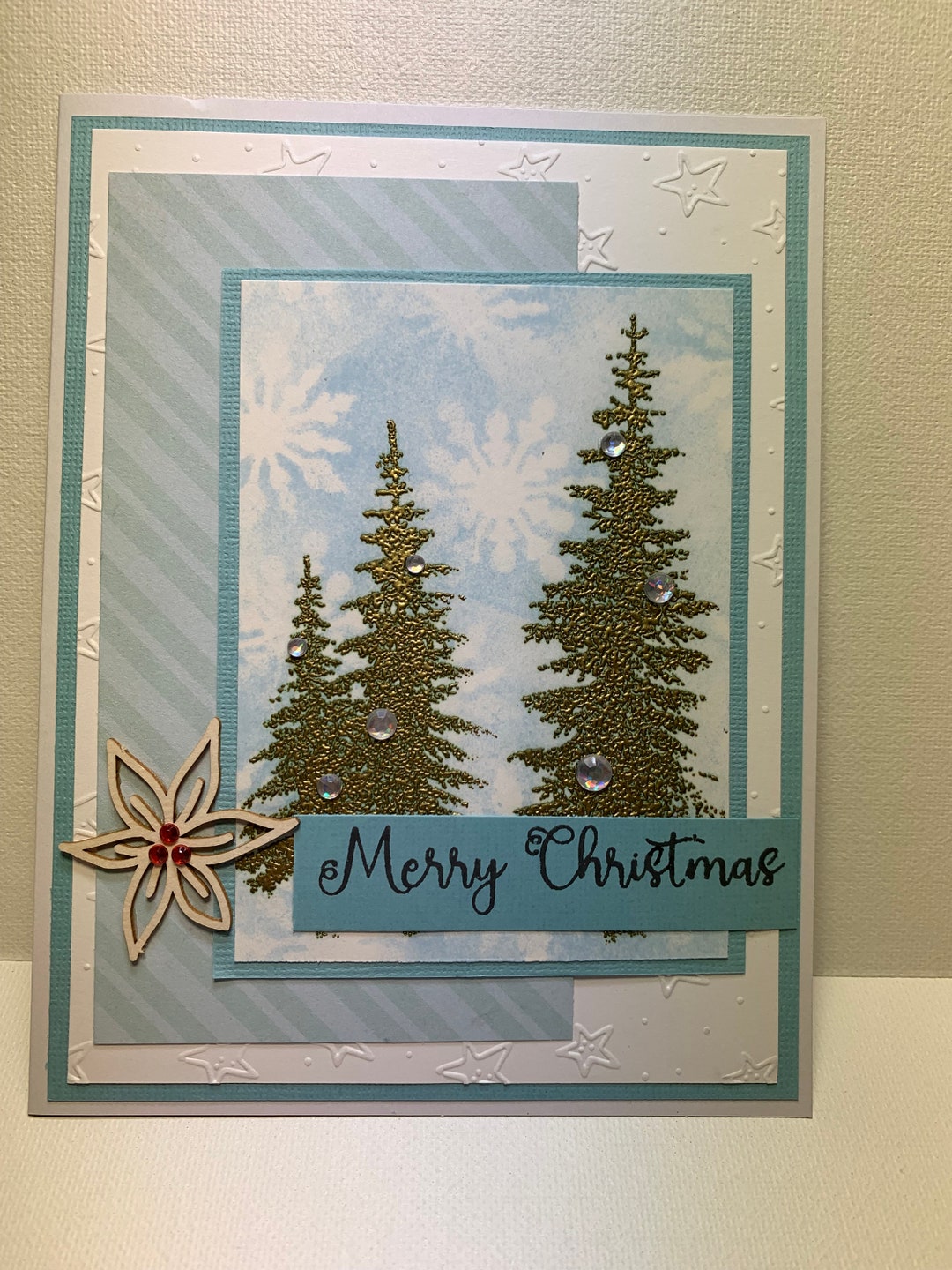 Merry Christmas Gold Embossed Trees Card, Handmade Christmas Card, Gold ...