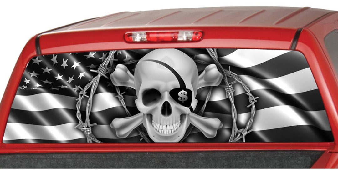 American Flag B&W Skull Pirate Rear Window Graphic Decal Tint Perf ...