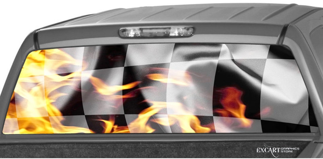 Burning Checkered Flag Rear Window Graphic Decal Tint Perf Sticker for ...