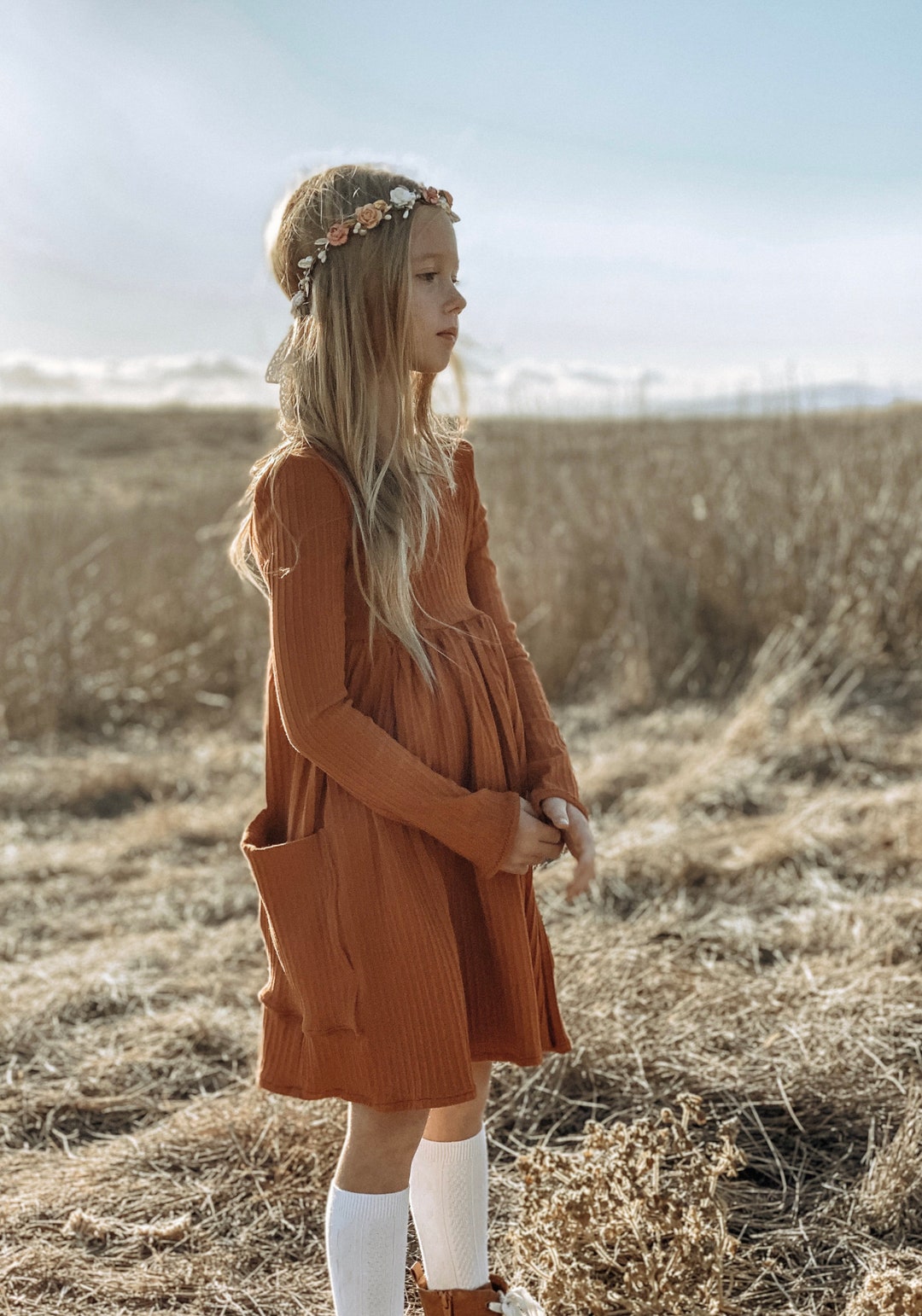 Rust Twirl Dress - Baby Girl Toddler Knit Oversized Pocket Twirl Dress ...