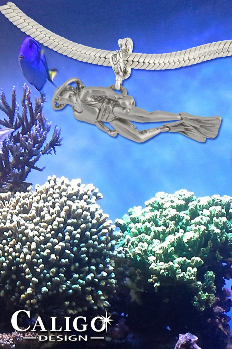 Scuba Diving Charm - Sterling Silver - Diver Charm on Coral Spacer for ...