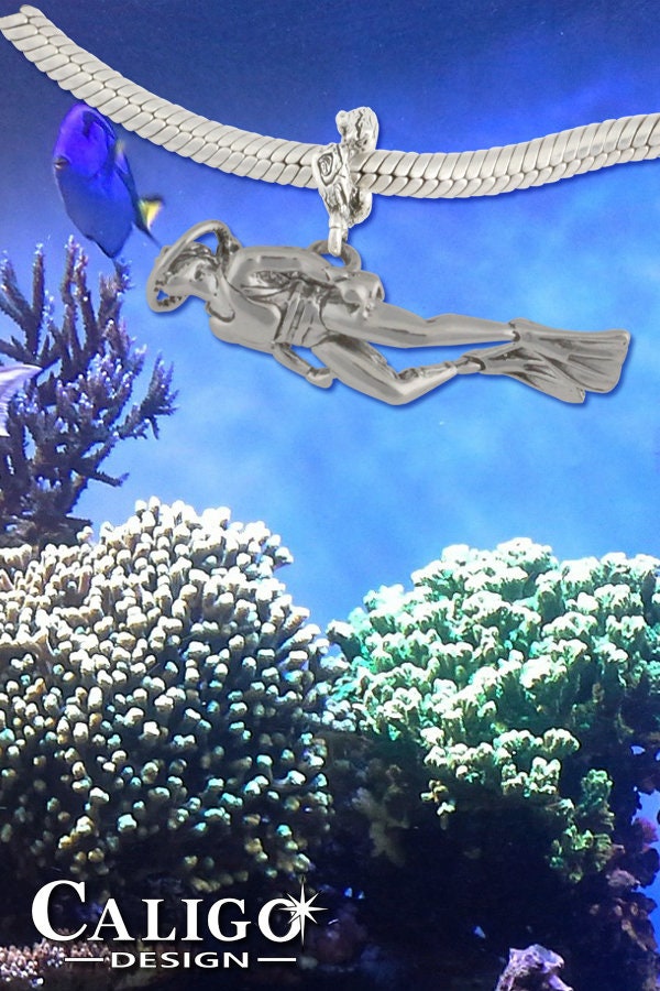Scuba Diving Charm - Sterling Silver - Diver Charm on Coral Spacer for ...