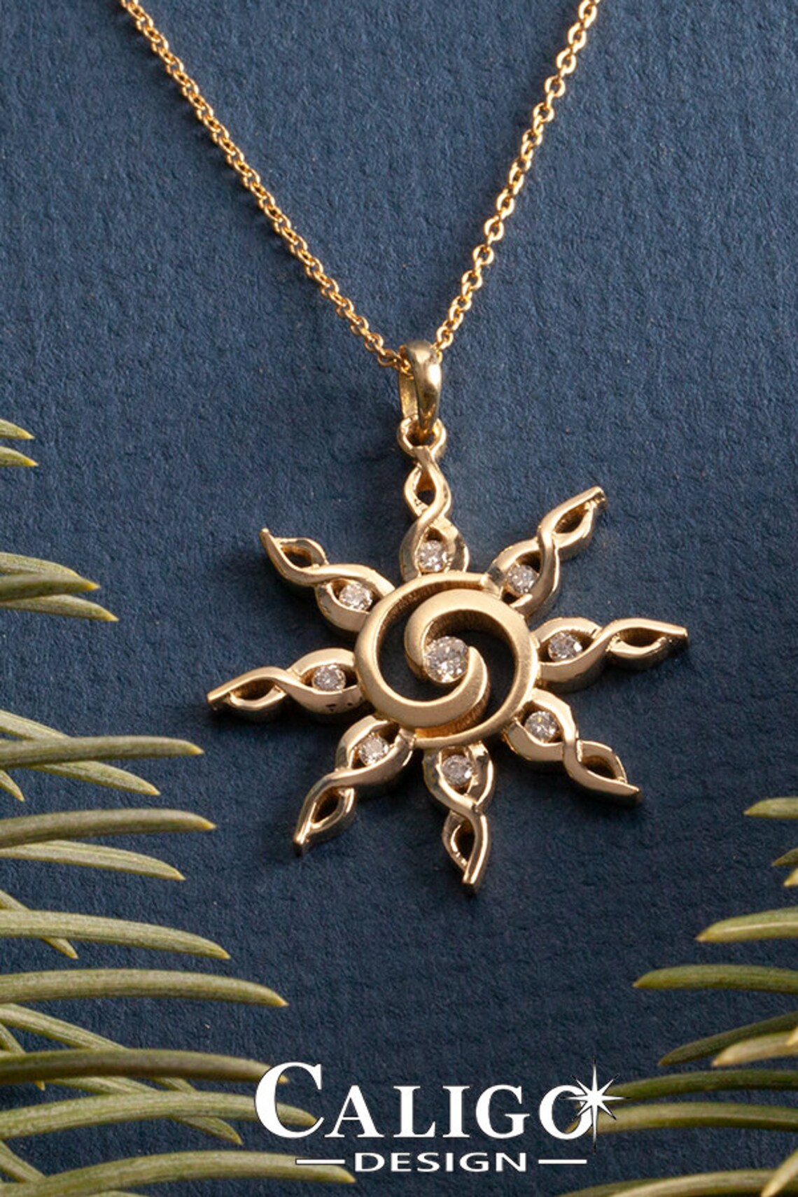 Sun Necklace Spiral Sun 14K Gold Sun Pendant With Diamonds Sun Jewelry ...