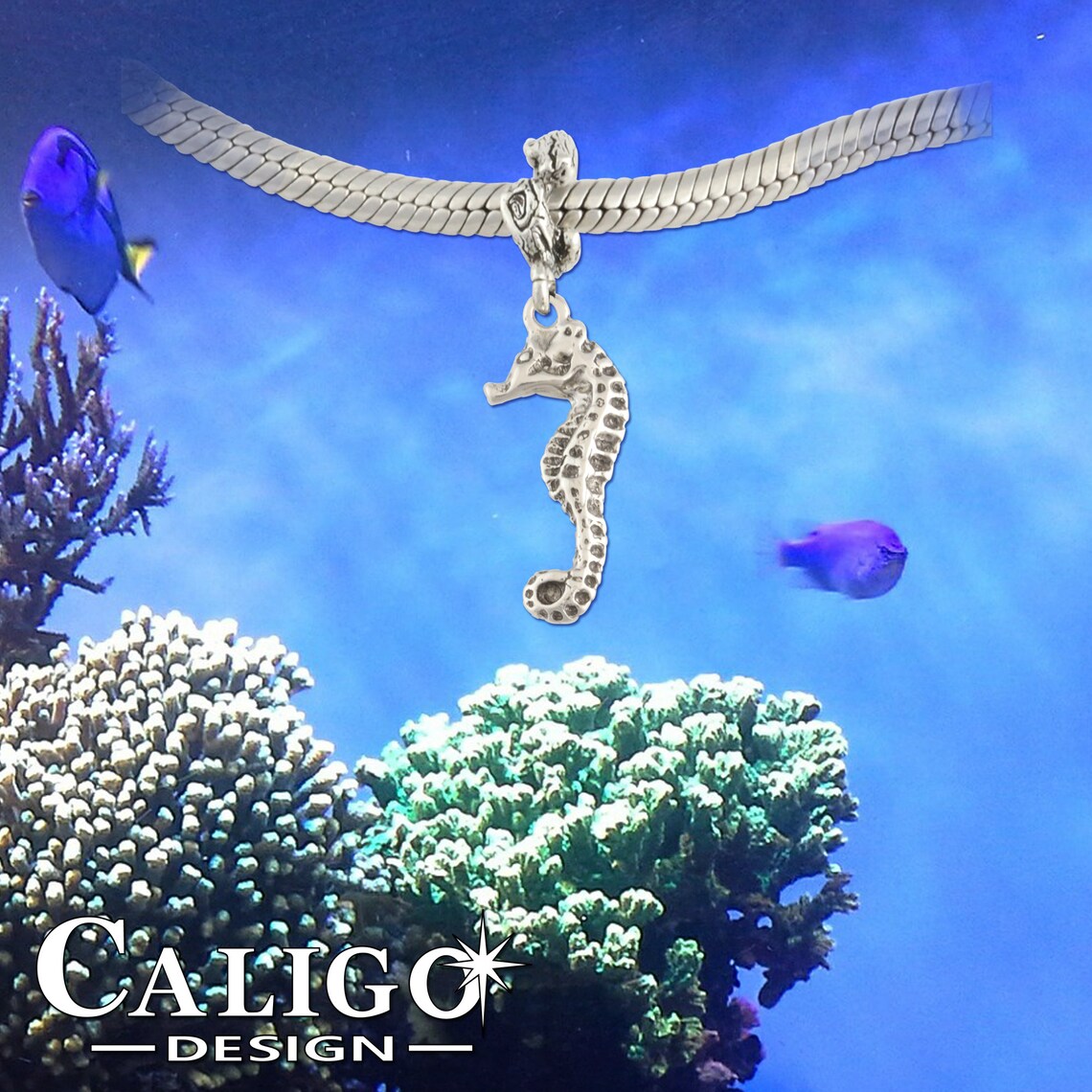 Seahorse Charm - Sterling Silver - Ocean Seahorse Charm on Coral Spacer ...