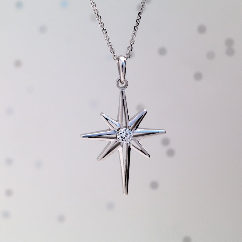 North Star Necklace - 14K WG Star With .15ctw Diamond - Star Jewelry ...