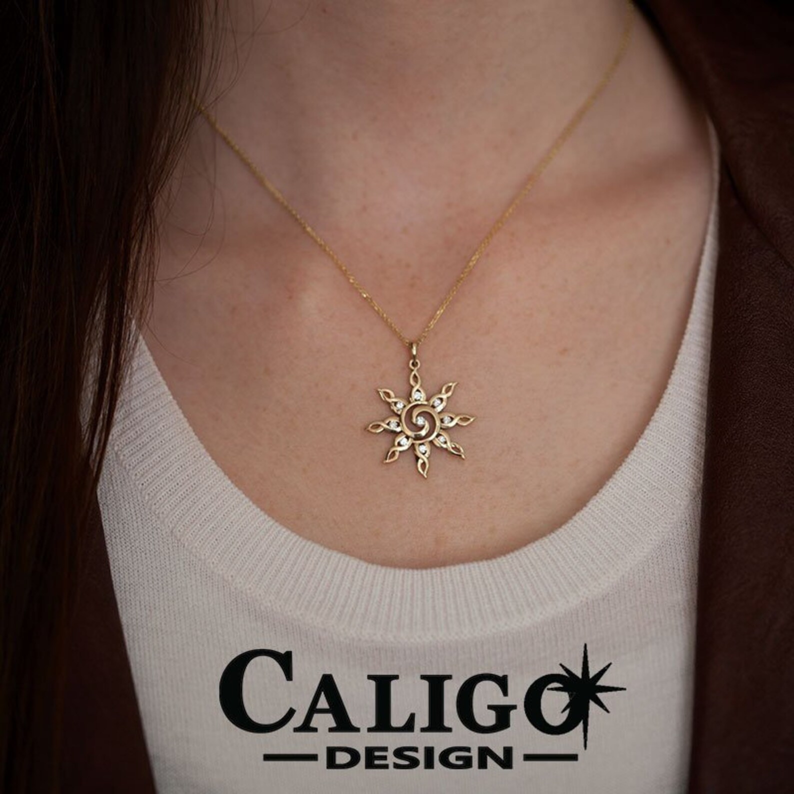 Sun Necklace - Spiral Sun - 14K Gold Sun Pendant With Diamonds - Sun ...