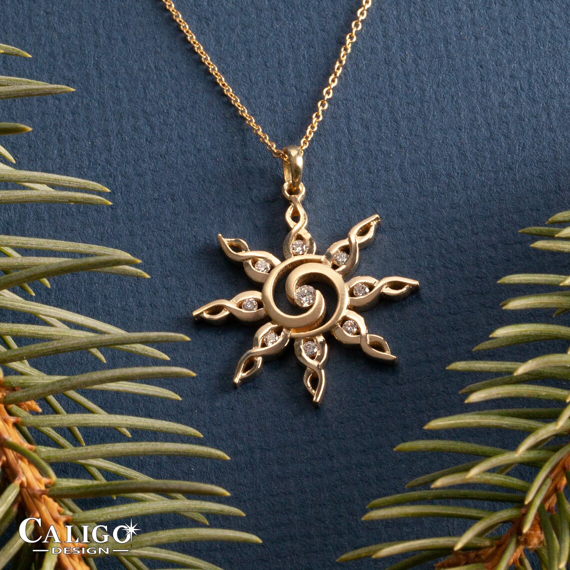 Sun Necklace Spiral Sun 14K Gold Sun Pendant With Diamonds Sun Jewelry ...