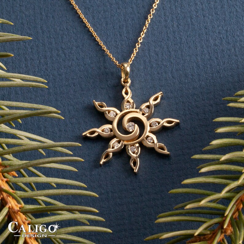 Sun Necklace - Spiral Sun - 14K Gold Sun Pendant With Diamonds - Sun ...