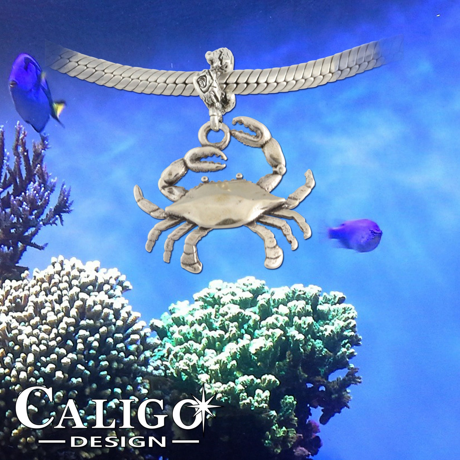 Crab Charm - Sterling Silver - Ocean Crab Charm on Coral Spacer for ...