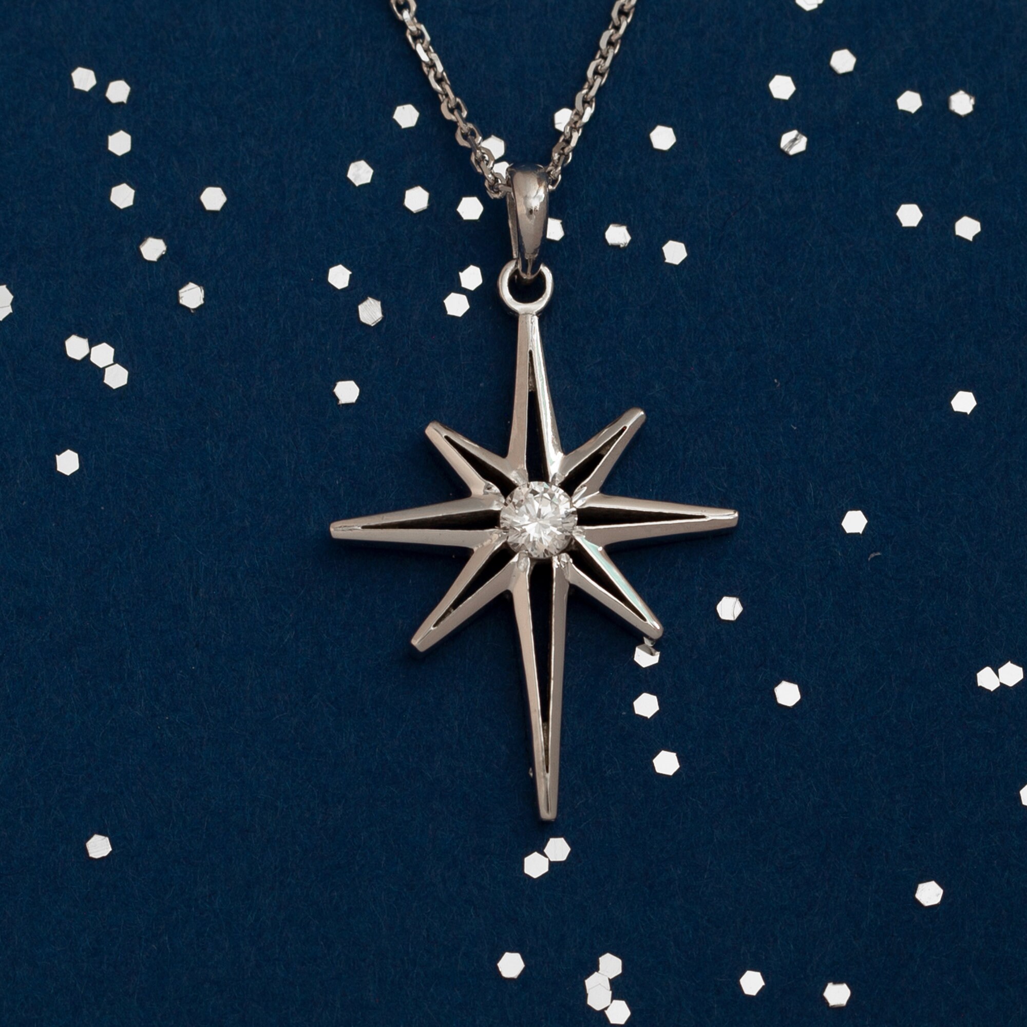 North Star Necklace - 14K WG Star With .15ctw Diamond - Star Jewelry ...