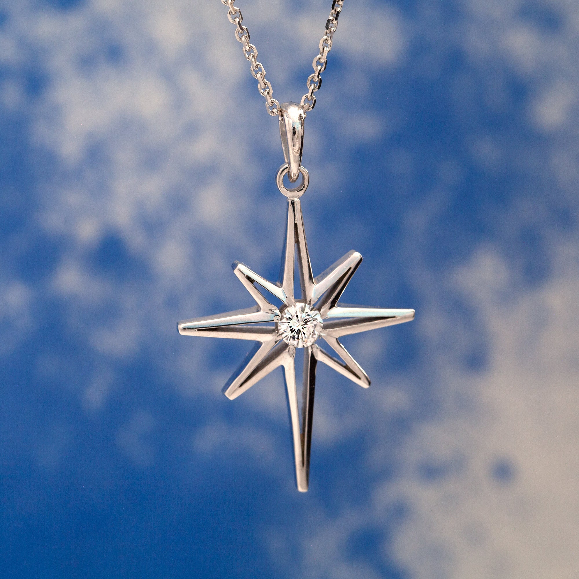 North Star Necklace - 14K WG Star With .15ctw Diamond - Star Jewelry ...