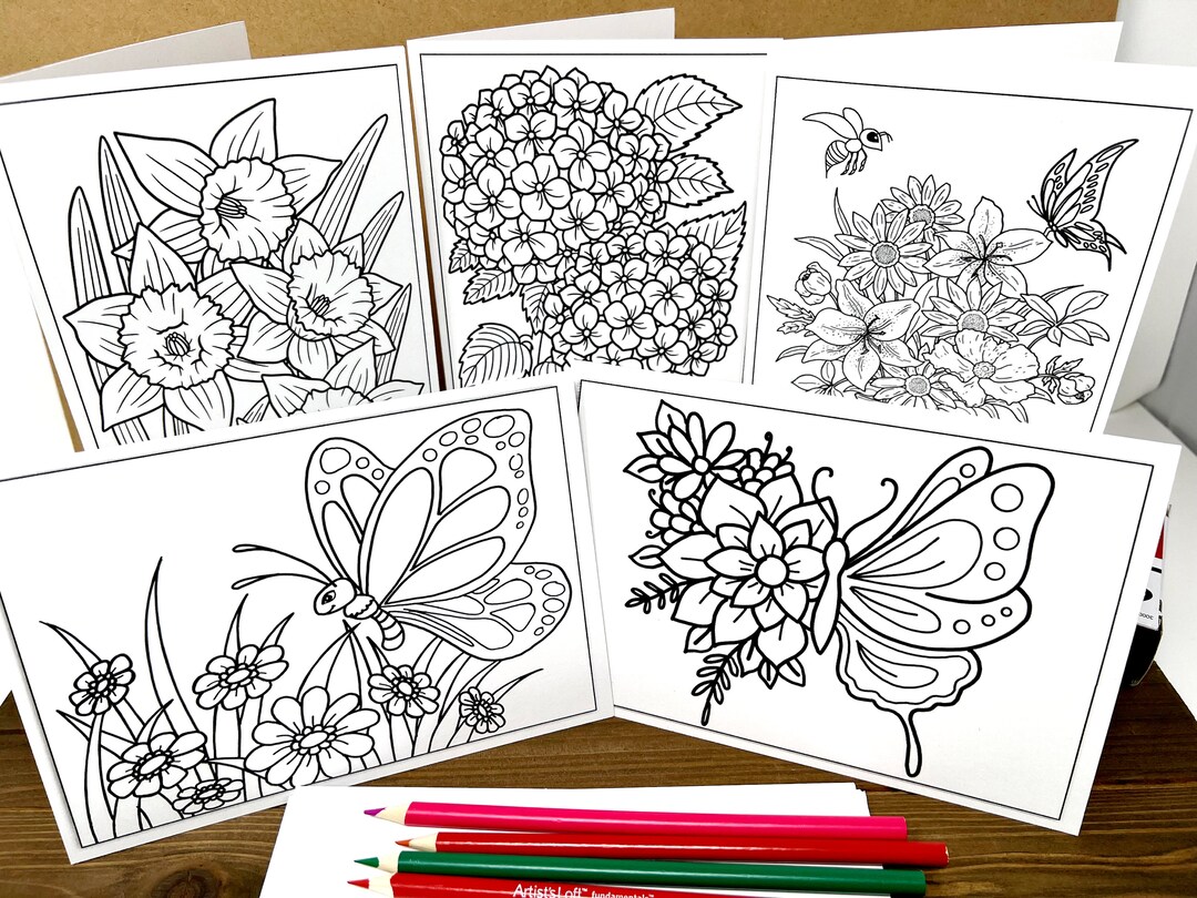 Flower and Butterfly Coloring Card Set/ Set of 5 Color It Yourself ...
