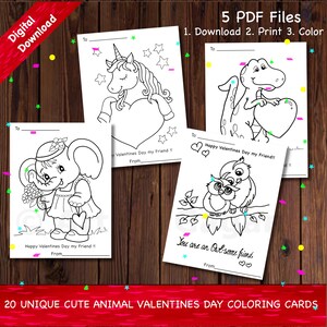 20 Printable Valentine's Day Coloring Cards for Kids, Animal Valentines ...