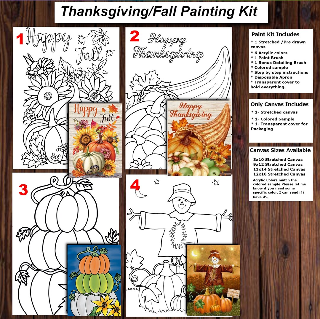 Thanksgiving/fall Pre-drawn/pre Sketched/outlined Canvas Kit,teen/adult ...