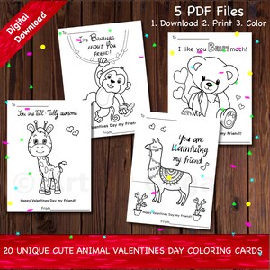 20 Printable Valentine's Day Coloring Cards for Kids, Animal Valentines ...