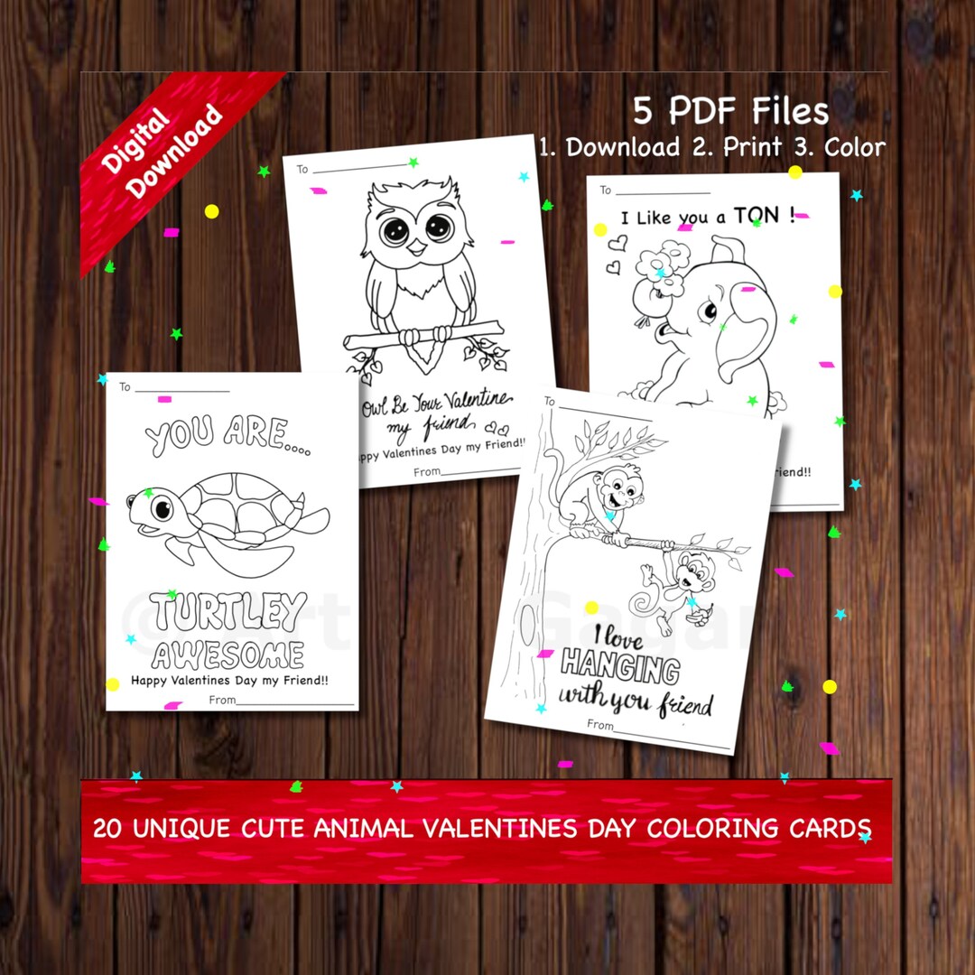 20 Printable Valentine's Day Coloring Cards for Kids, Animal Valentines ...