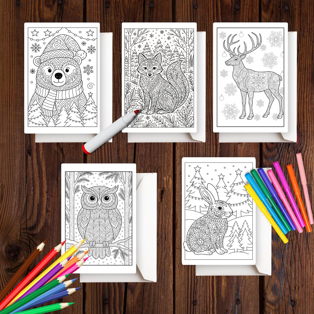 Forest Animals Christmas/diy Coloring Card Set/ Set of 5 Color It ...