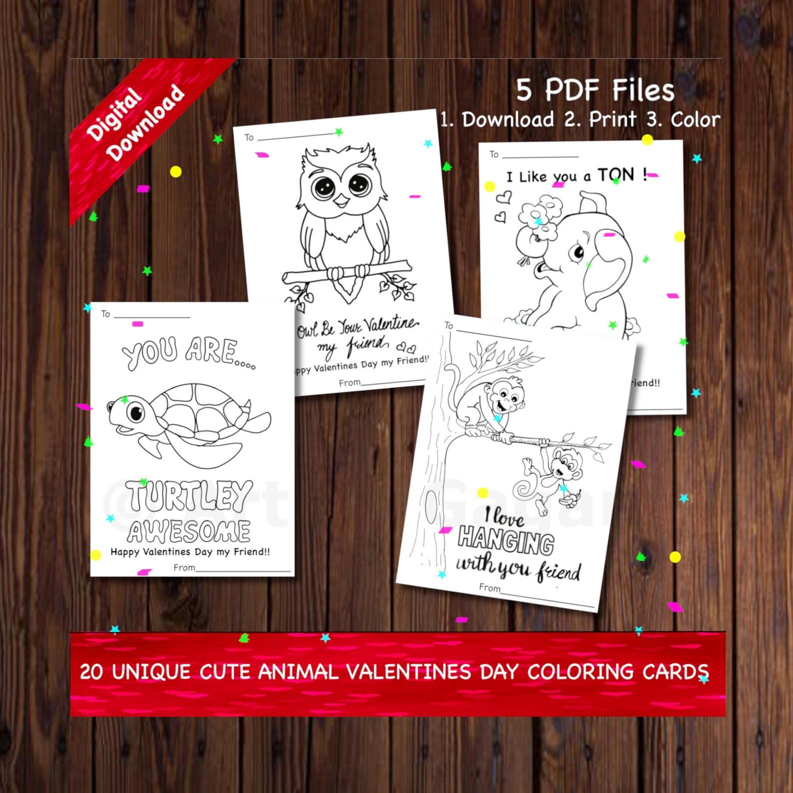 20 Printable Valentine's Day Coloring Cards for Kids, Animal Valentines ...