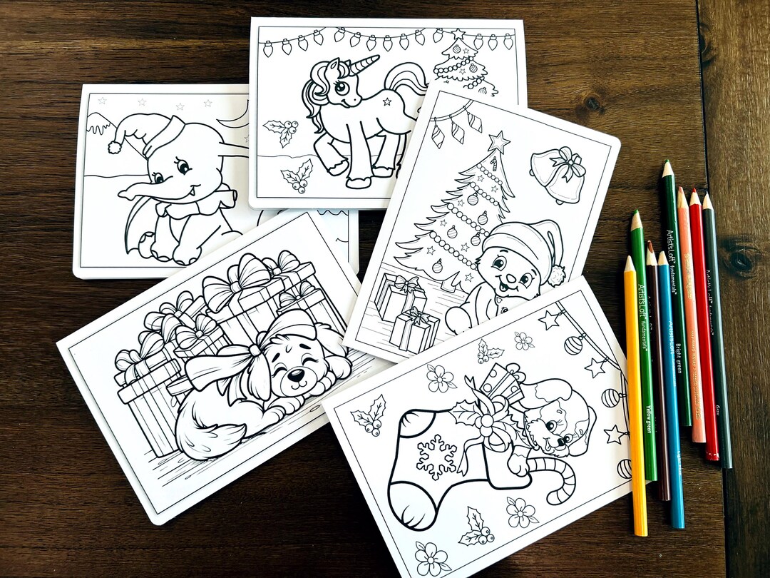Set of 5-christmas Animals DIY Coloring Cards,color Your Own Cards, A7 ...