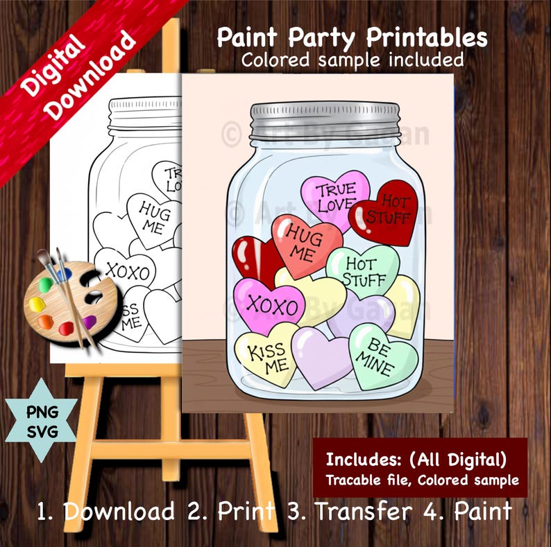 Heart Jar Paint Party Outline, Valentine's/galentines DIY Canvas ...