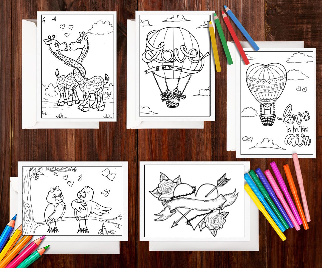 Set of 5 - DIY Valentines Coloring Cards -floral Color Your Own Cards ...
