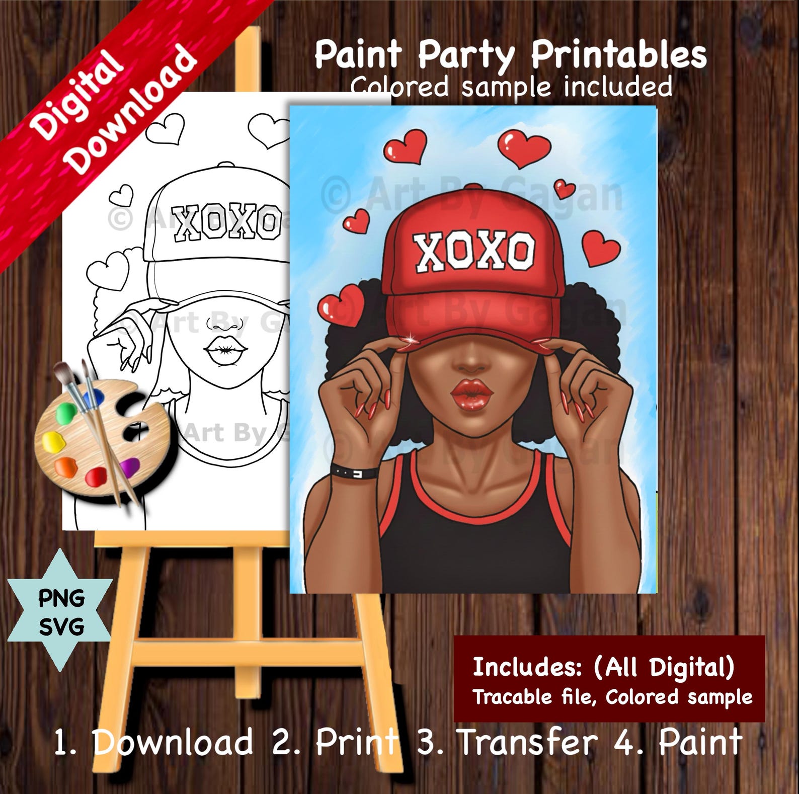 XOXO LOVE Pre-drawn Sip and Paint Canvas Printable, Valentine's Day ...