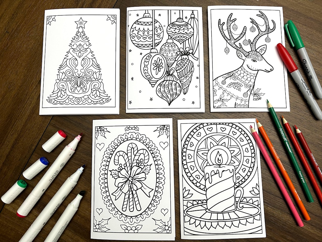 Set of 5-christmas DIY Coloring Cards, Color Your Own Cards, A7 Size ...
