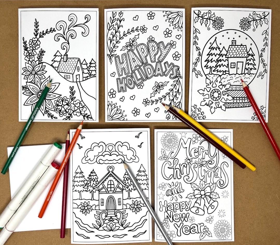 Set of 5-christmas DIY Coloring Cards, Color Your Own Cards, A7 Size ...