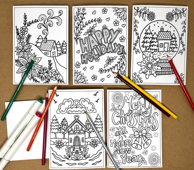 Set of 5-christmas DIY Coloring Cards, Color Your Own Cards, A7 Size ...