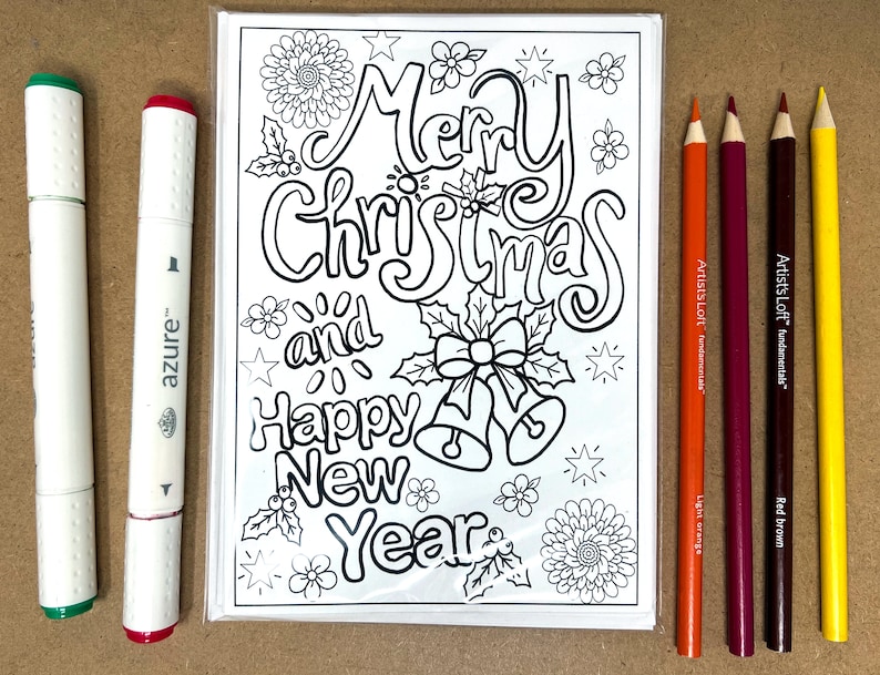 Set of 5-christmas DIY Coloring Cards, Color Your Own Cards, A7 Size ...