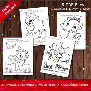20 Printable Valentine's Day Coloring Cards for Kids, Animal Valentines ...