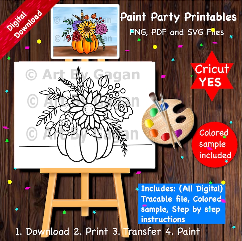 Pumpkin and Flowers/fall Theme/instant Digital Download/diy Paint Party ...