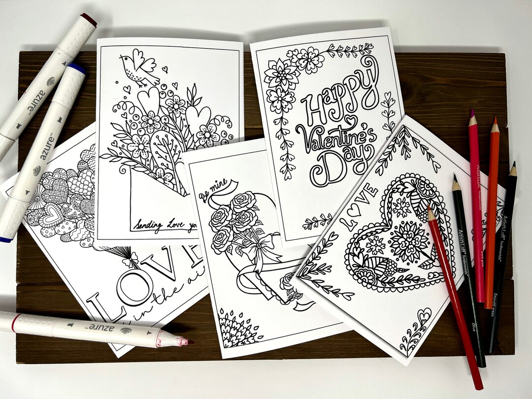 Set of 5 - DIY Valentines Coloring Cards -floral Color Your Own Cards ...