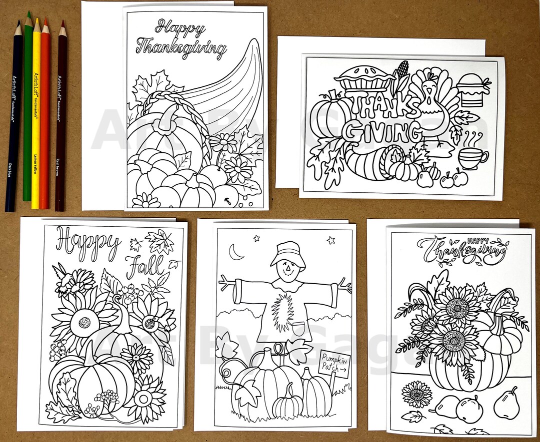 Set of 5-thanksgiving DIY Coloring Cards, Color Your Own Cards, A7 Size ...