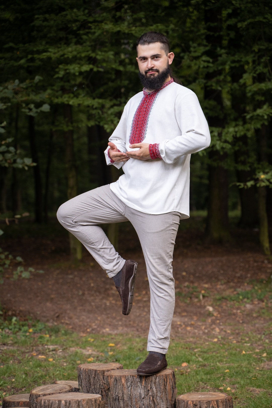 Many Colors Linen Slavic Tunic, With Woven Embroidery and Stand-up ...