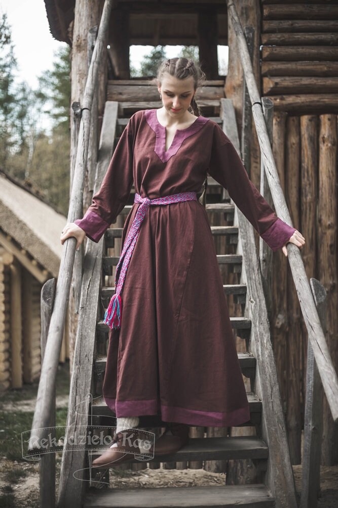 Linen Early Medieval Dress With Colofrul Hems and Slit in a - Etsy