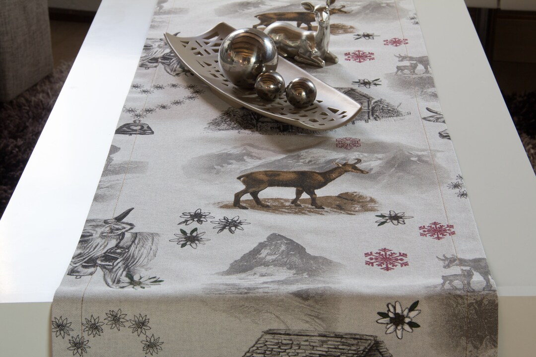 Table Runners With Alpine Motifs With Chamois, Cows, Mountains and ...