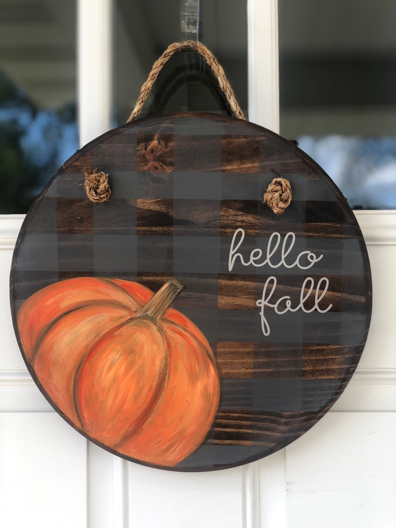 Hand Painted Hello Fall Door Sign | Plaid Pumpkin Wreath - Etsy